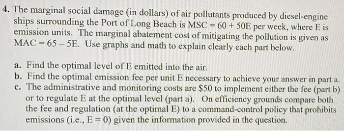 Solved 4. The marginal social damage (in dollars) of air | Chegg.com