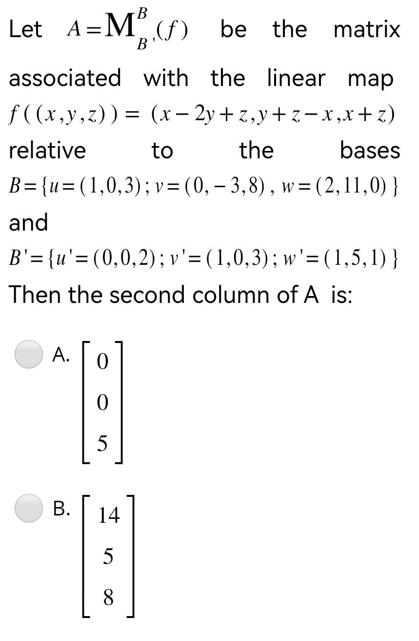 Solved Let A=MB′B(f) be the matrix associated with the | Chegg.com