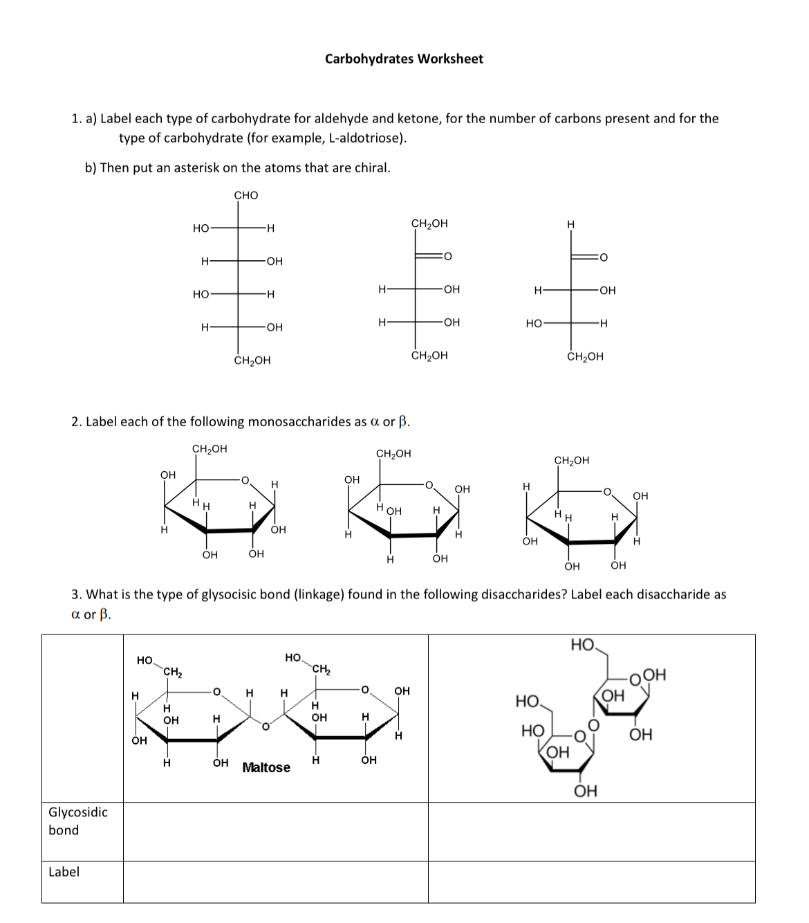 Carbohydrates Worksheeta) ﻿Label each type of | Chegg.com