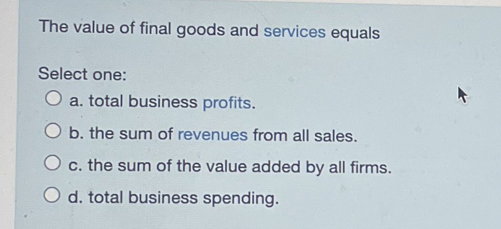 Solved The value of final goods and services equalsSelect | Chegg.com