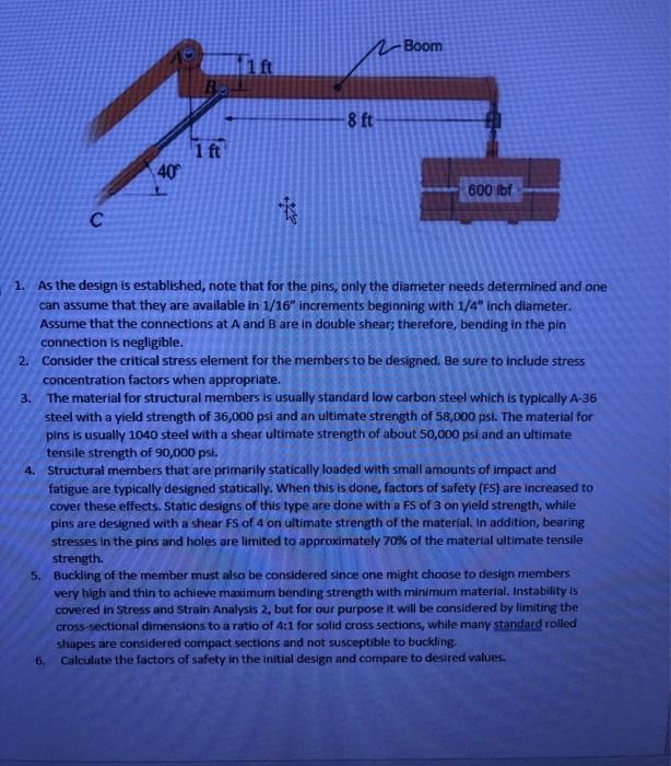 Boom 8 ft 1 ft 40 600 lbf с 1. As the design is | Chegg.com