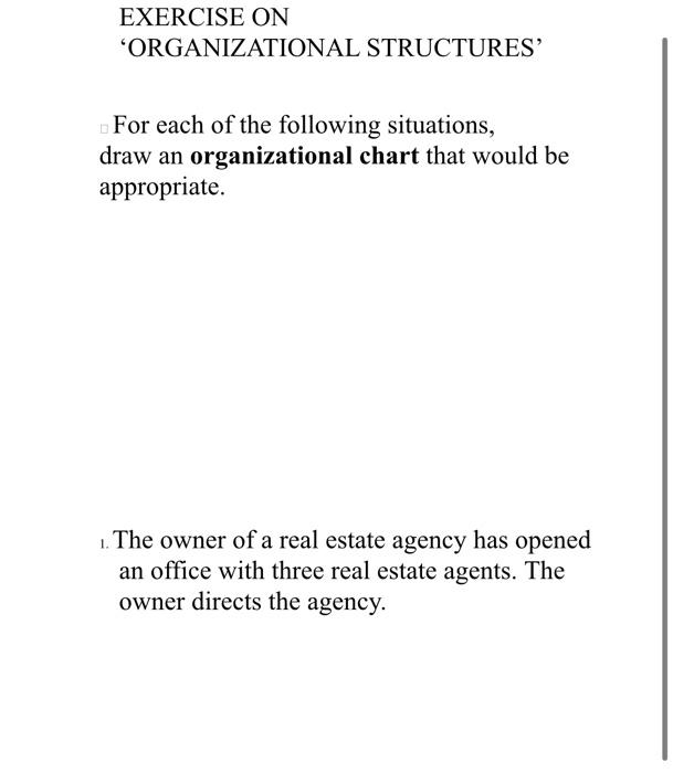 Solved EXERCISE ON 'ORGANIZATIONAL STRUCTURES' For each of | Chegg.com