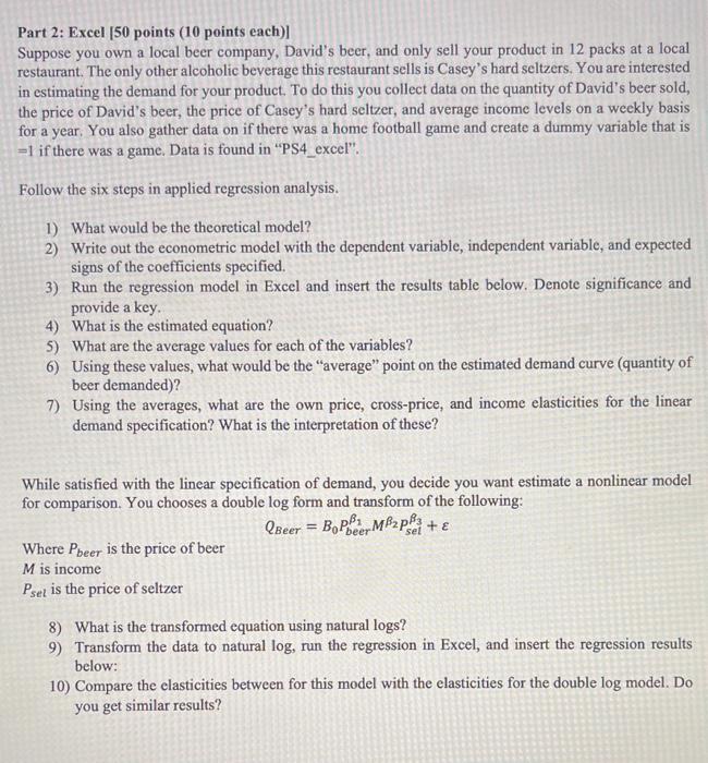 Part 2: Excel [ 50 points ( 10 points each)] Suppose | Chegg.com