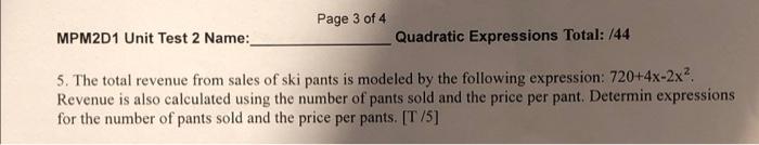 Solved Page 3 of 4 MPM2D1 Unit Test 2 Name:_ Quadratic | Chegg.com