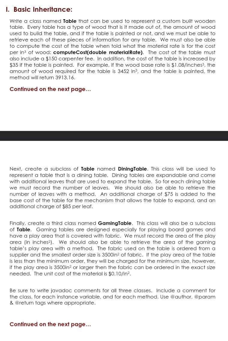 I. Basic Inheritance: Write a class named Table that | Chegg.com