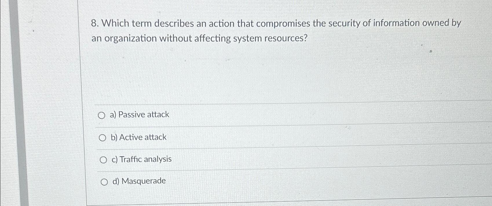Solved Which term describes an action that compromises the | Chegg.com