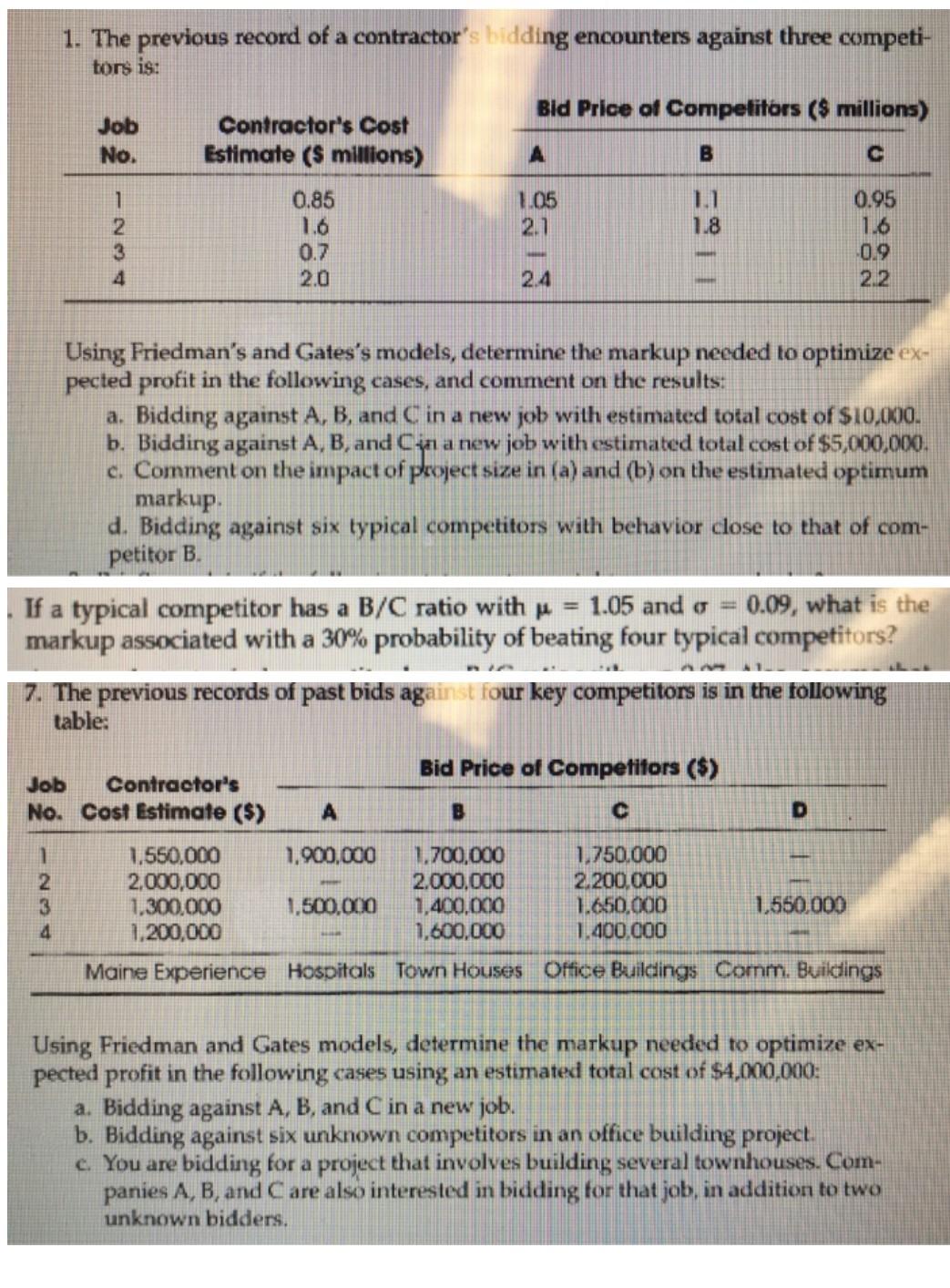 Solved 1. The previous record of a contractor bidding | Chegg.com
