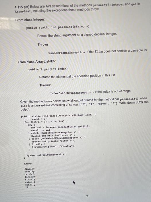 Solved 4. (15 pts) Below are API descriptions of the methods | Chegg.com