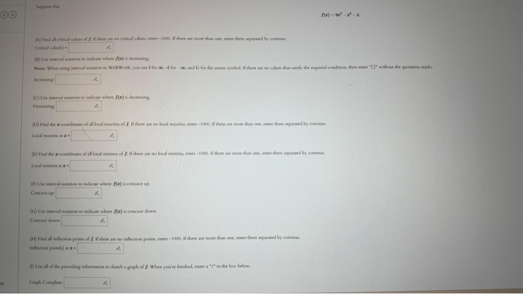 Solved Suppose thatf(x)=9x2-x3-3(A) ﻿Find all critical | Chegg.com