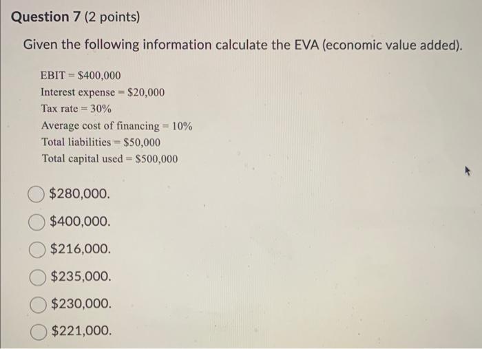 Solved Given the following information calculate the EVA | Chegg.com
