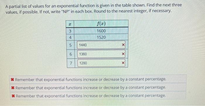 Solved A partial list of values for an exponential function | Chegg.com
