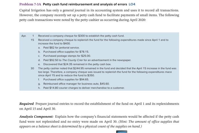 Solved Problem 7-3A Petty cash fund reimbursement and | Chegg.com