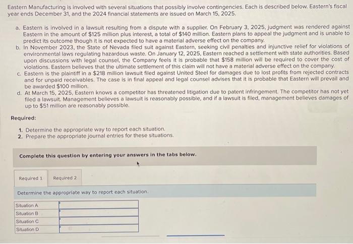 Eastern Manufacturing is involved with several | Chegg.com