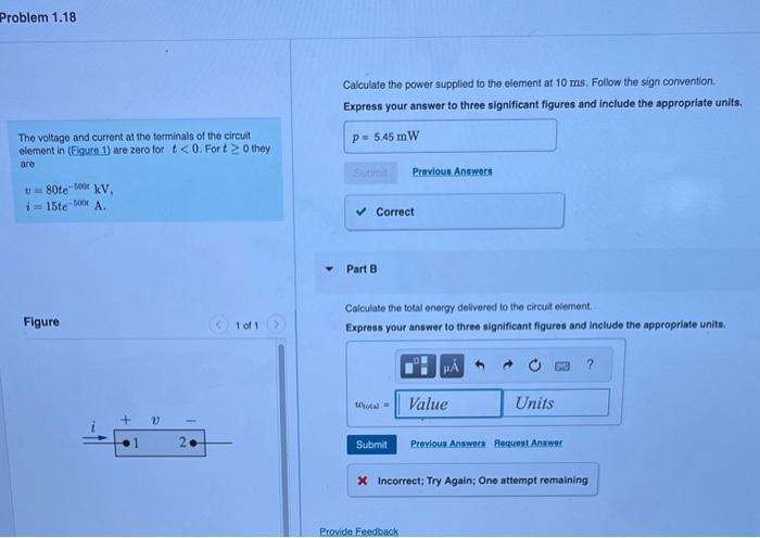 Solved Calculate the power supplied to the olement at 10 ms. | Chegg.com