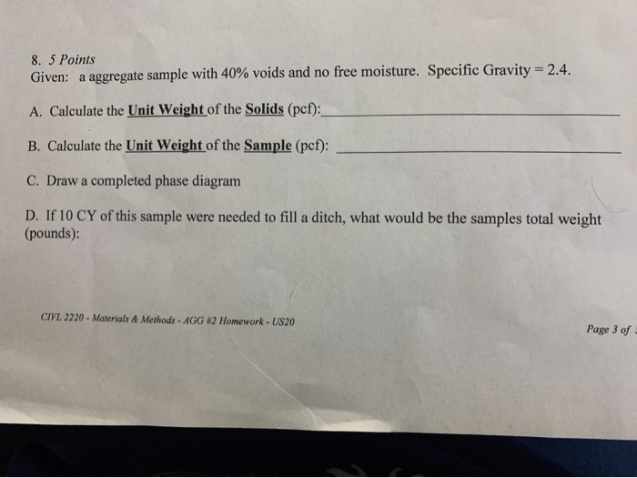 Solved 8. 5 Points Given: a aggregate sample with 40% voids | Chegg.com