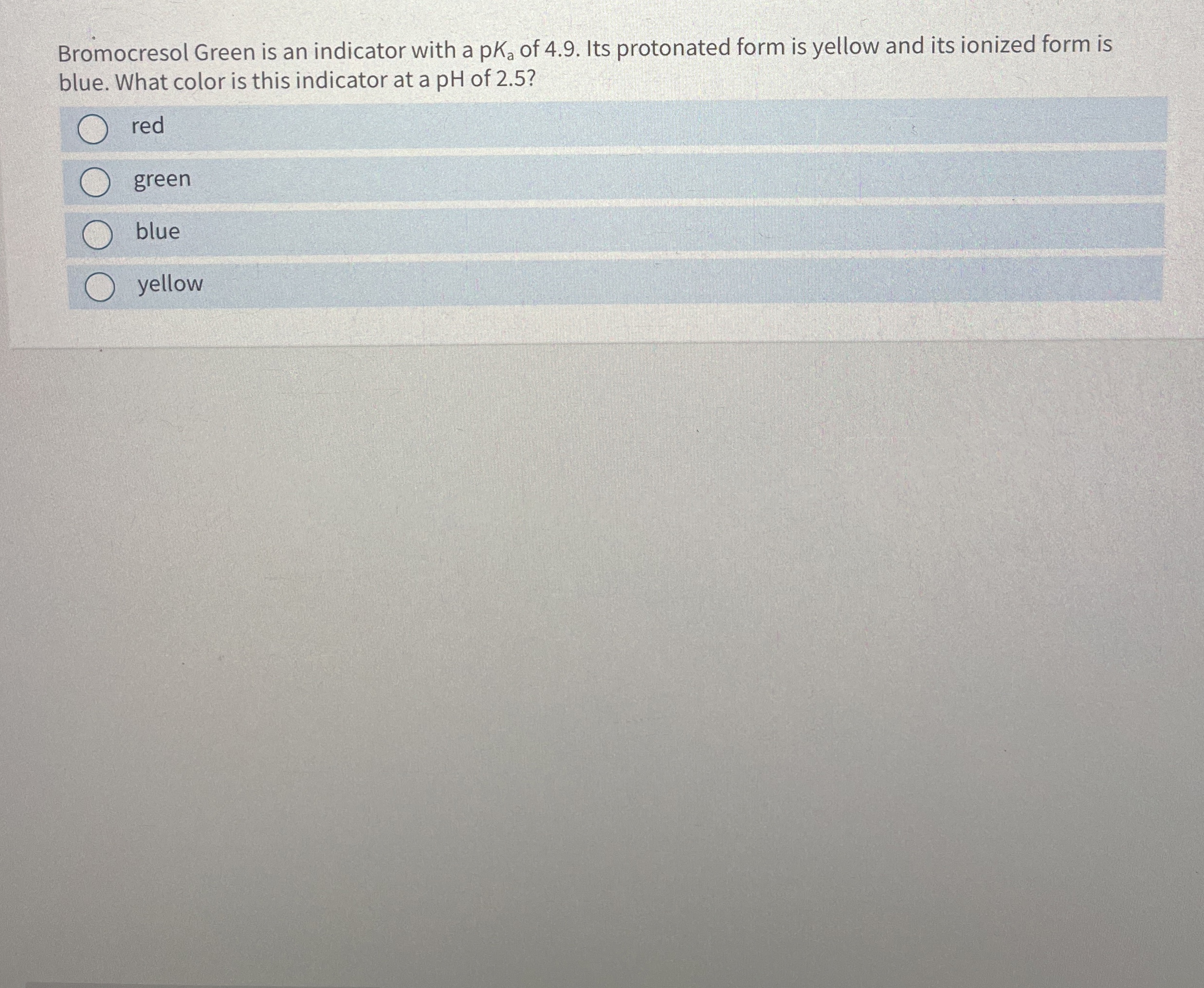 Solved Bromocresol Green is an indicator with a pa ﻿of 4.9. | Chegg.com