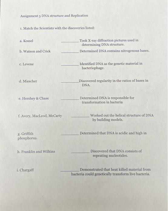 Solved Assignment 5 DNA structure and Replication 1. Match | Chegg.com