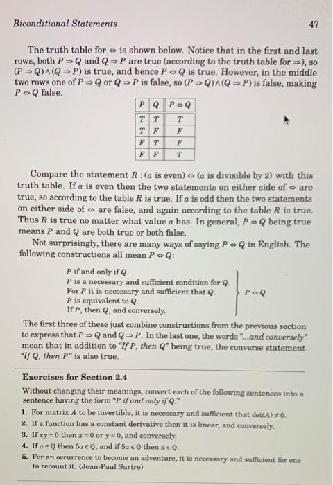 Biconditional Statements 47 The truth table for c> is | Chegg.com