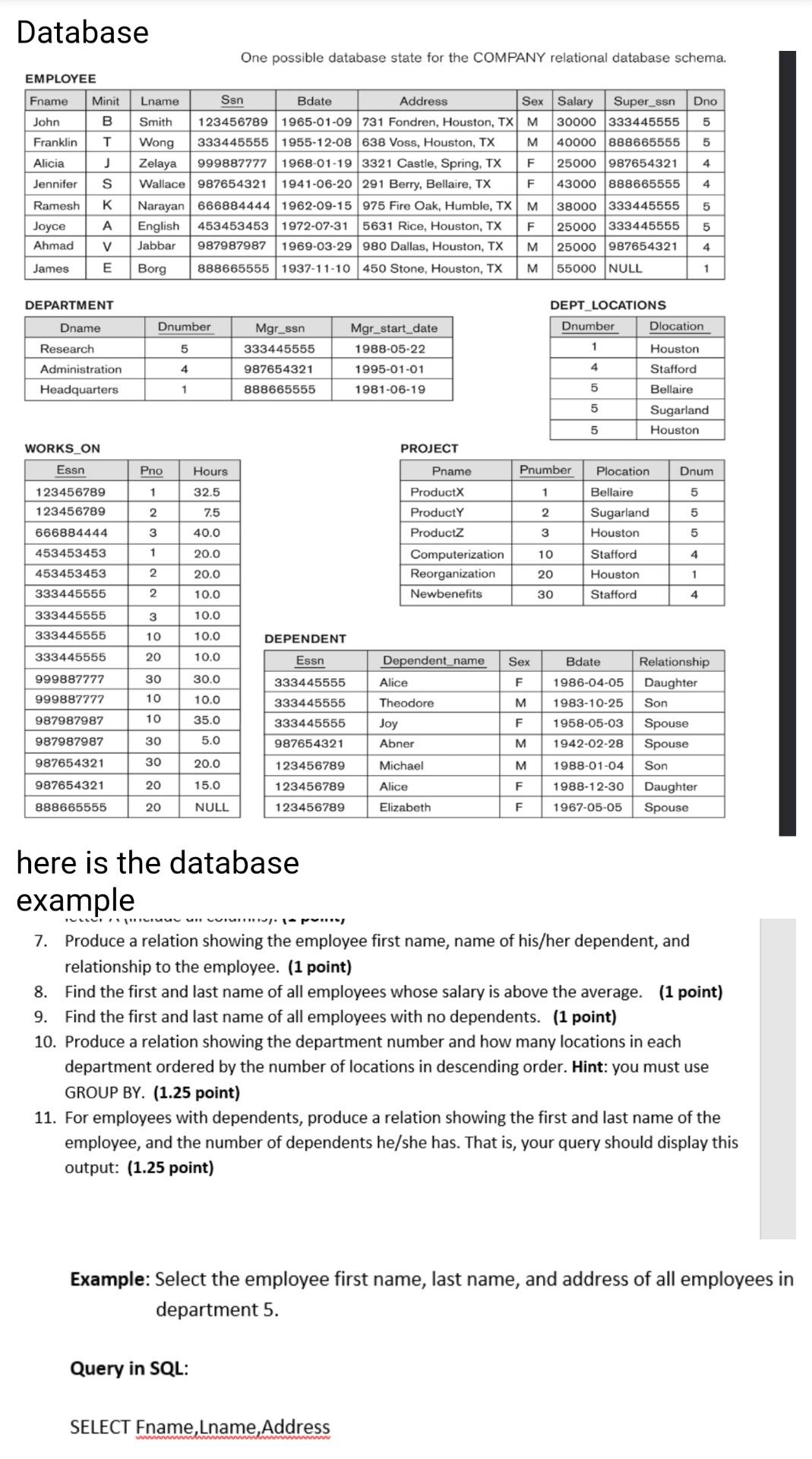 Solved Database One possible database state for the COMPANY | Chegg.com