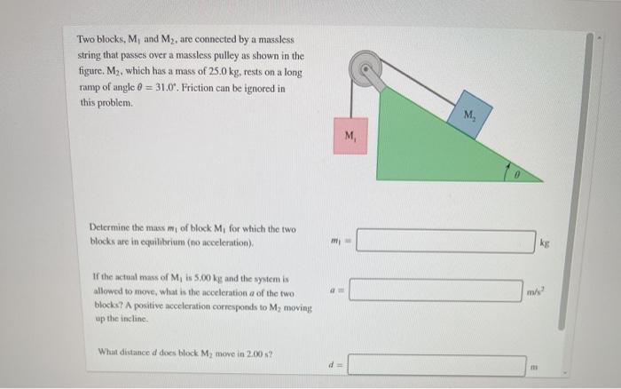 Solved Two blocks, M, and M2, are connected by a massless | Chegg.com
