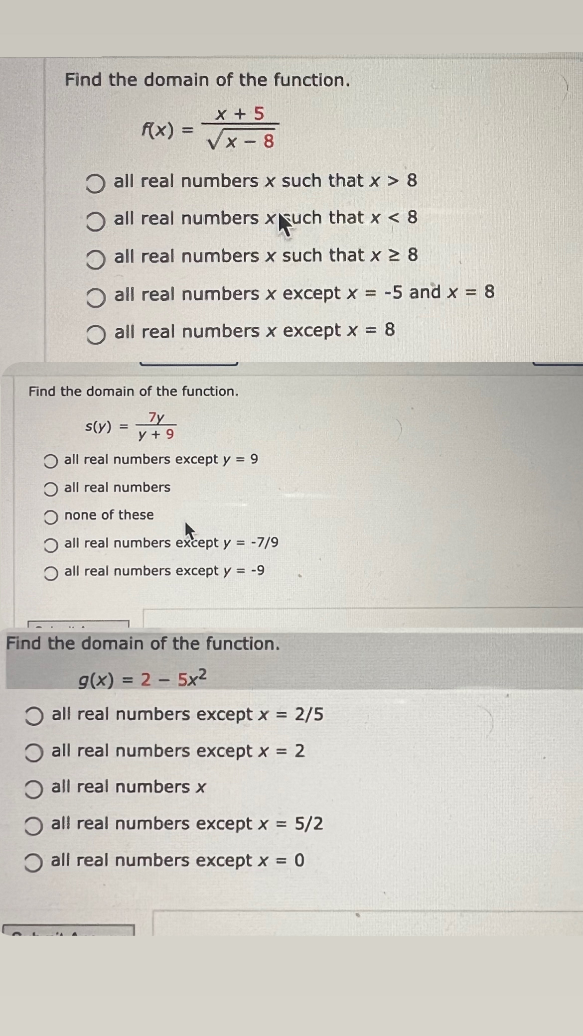 Solved Find The Domain Of The Function F X X 5x 82all Real