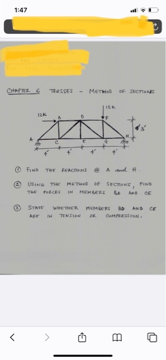 Solved 1:47 CHAPTER 6 TRUSSES - METHOD OF SECTIONS 12k KK * | Chegg.com