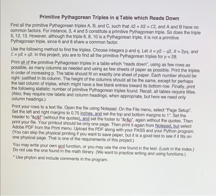 Solved Primitive Pythagorean Triples in a Table which Reads | Chegg.com