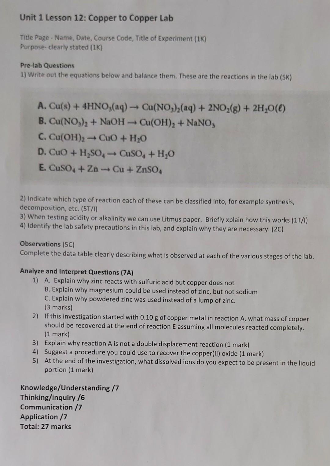 Solved Lab From Copper to Copper PURPOSE Observe metallic | Chegg.com