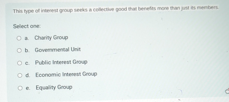 Solved This type of interest group seeks a collective good | Chegg.com