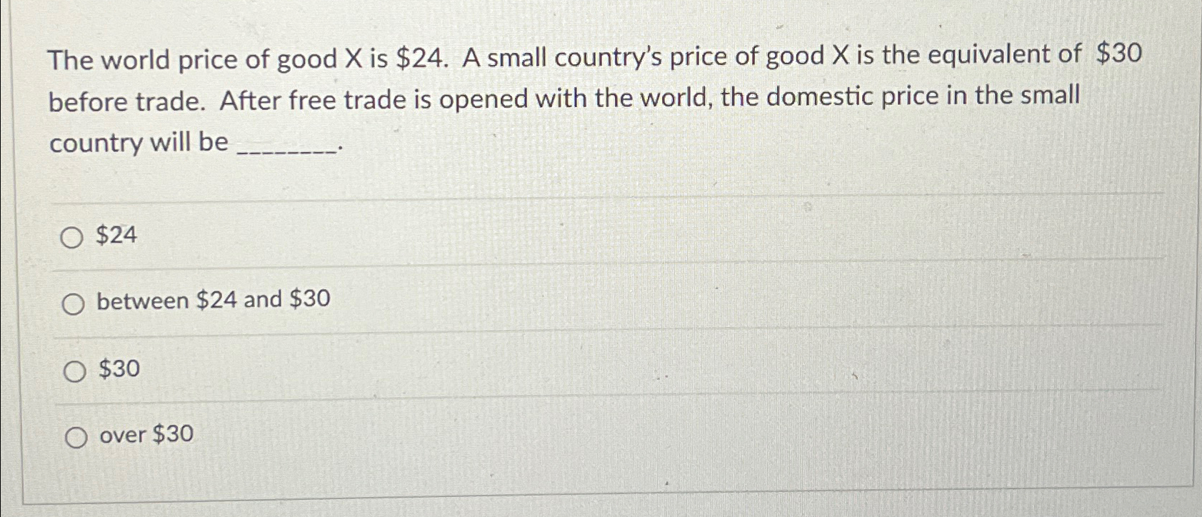 Solved The world price of good x ﻿is $24. ﻿A small country's | Chegg.com