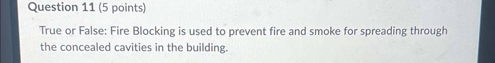 Solved Question 11 (5 ﻿points)True or False: Fire Blocking | Chegg.com