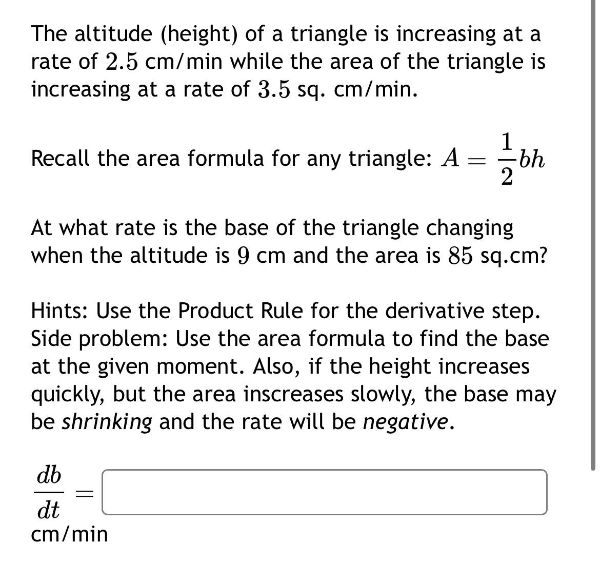 Solved The altitude (height) ﻿of a triangle is increasing at | Chegg.com