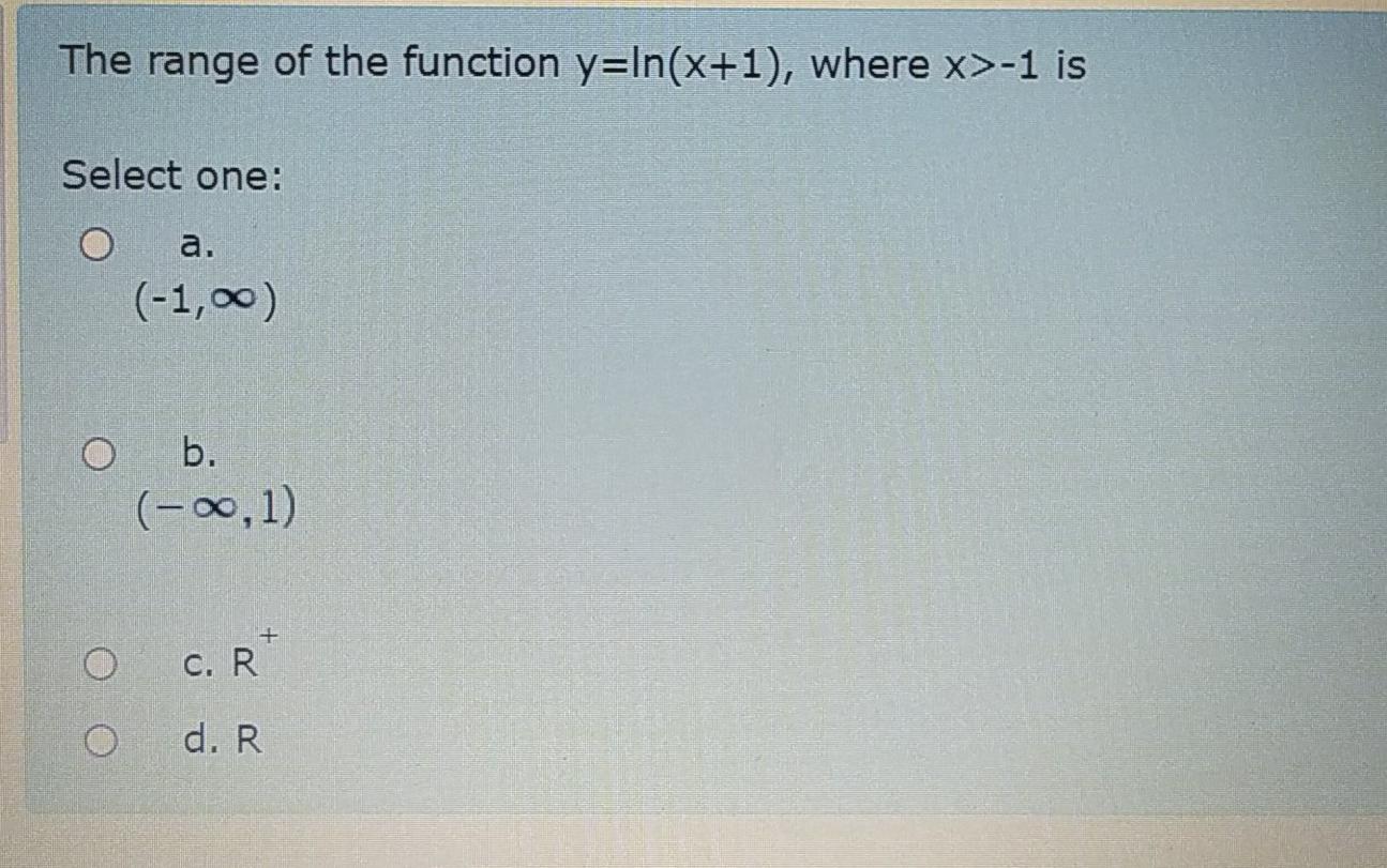 Solved The range of the function y=In(x+1), where x>-1 is | Chegg.com