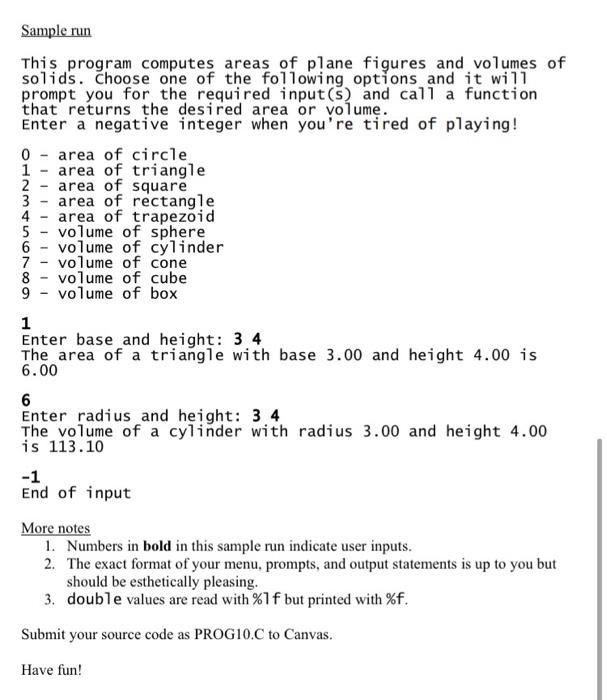Solved Write a program that displays a menu of ten areas of | Chegg.com