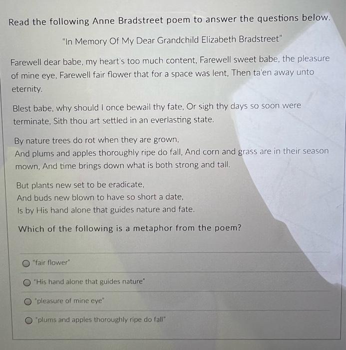 Read the following Anne Bradstreet poem to answer the | Chegg.com