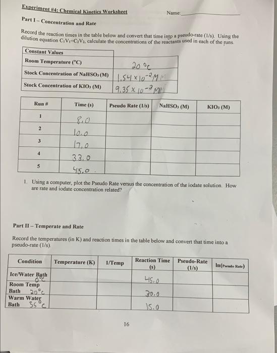 Experiment #4 Chemical Kinetics, Temperature and | Chegg.com