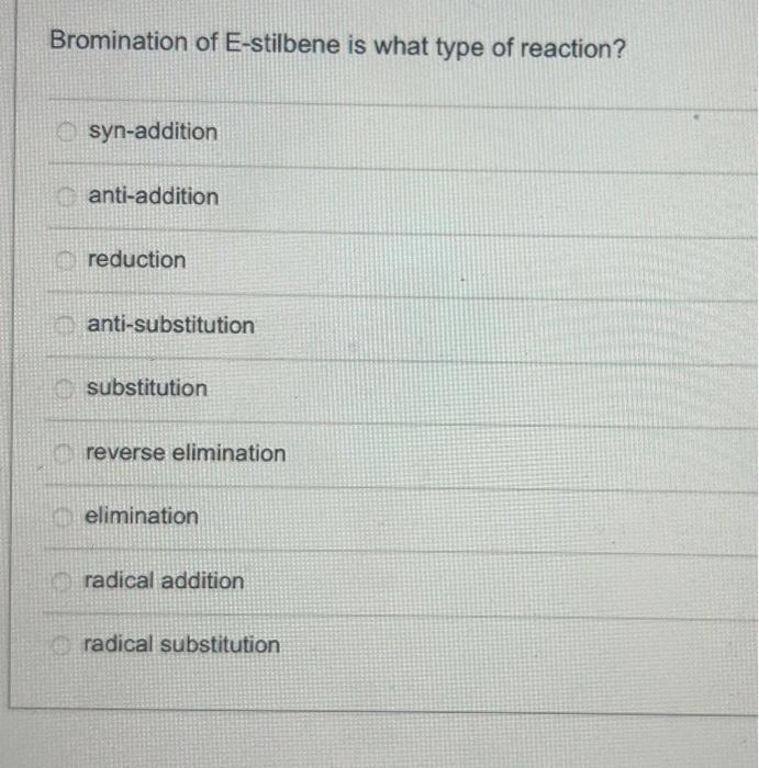 Solved Bromination of E-stilbene is what type of reaction? | Chegg.com