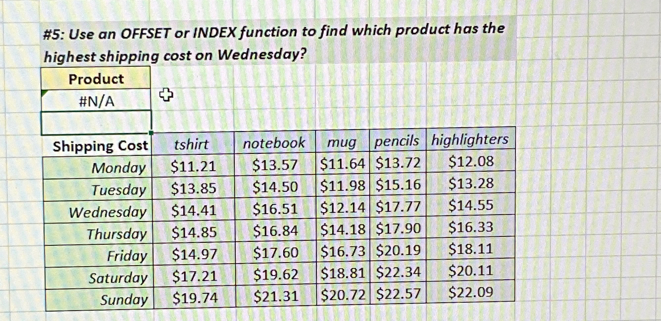 Solved #5: Use an OFFSET or INDEX function to find which | Chegg.com
