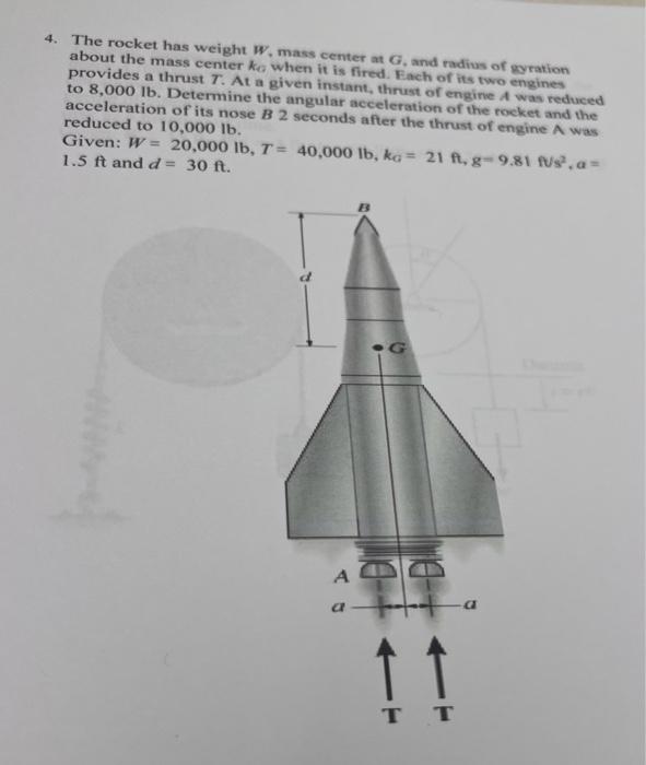 Solved 4. The rocket has weight W, mass center at G, and | Chegg.com