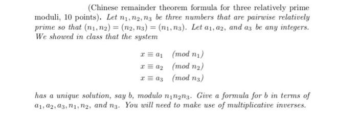 Solved (Chinese remainder theorem formula for three | Chegg.com