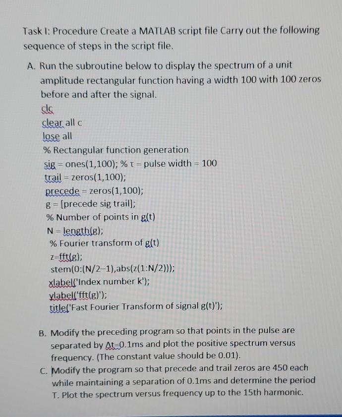 Solved Taski: Procedure Create a MATLAB script file Carry | Chegg.com