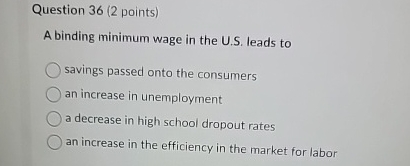 Solved Question 36 (2 ﻿points)A binding minimum wage in the | Chegg.com