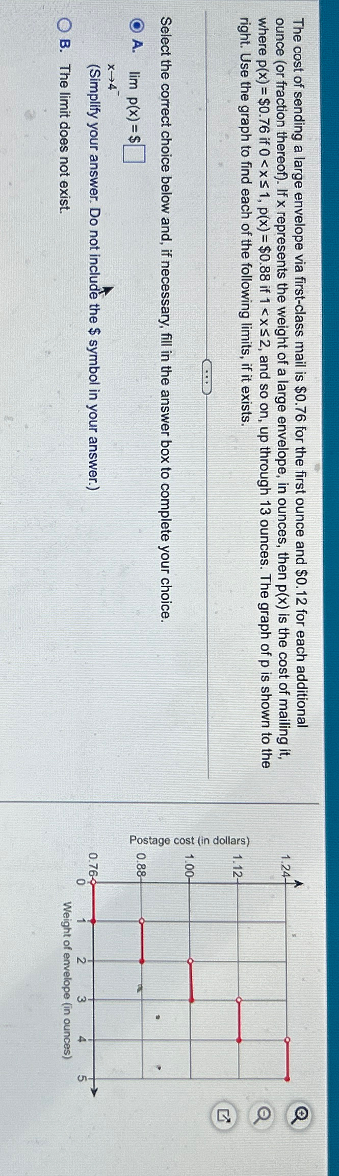 Solved The cost of sending a large envelope via first-class | Chegg.com