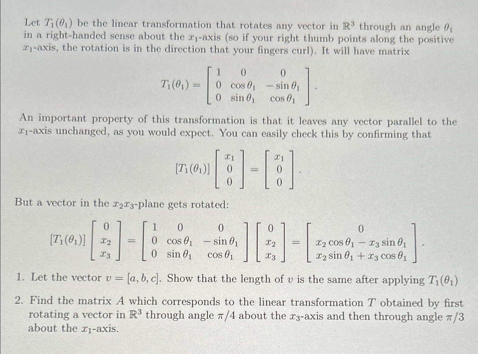 Solved Let T1(θ1) ﻿be the linear transformation that rotates | Chegg.com