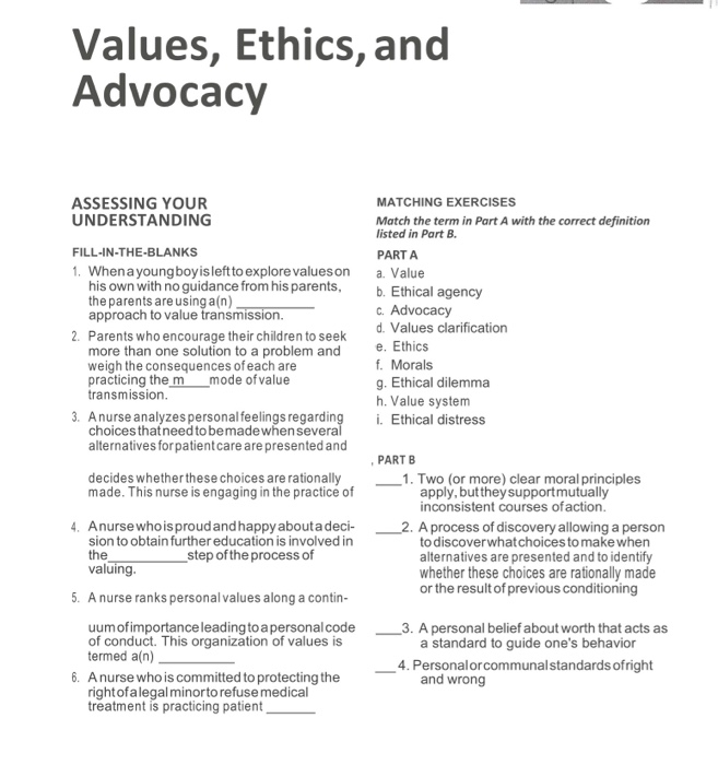 Solved Values, Ethics, and Advocacy MATCHING EXERCISES Match | Chegg.com