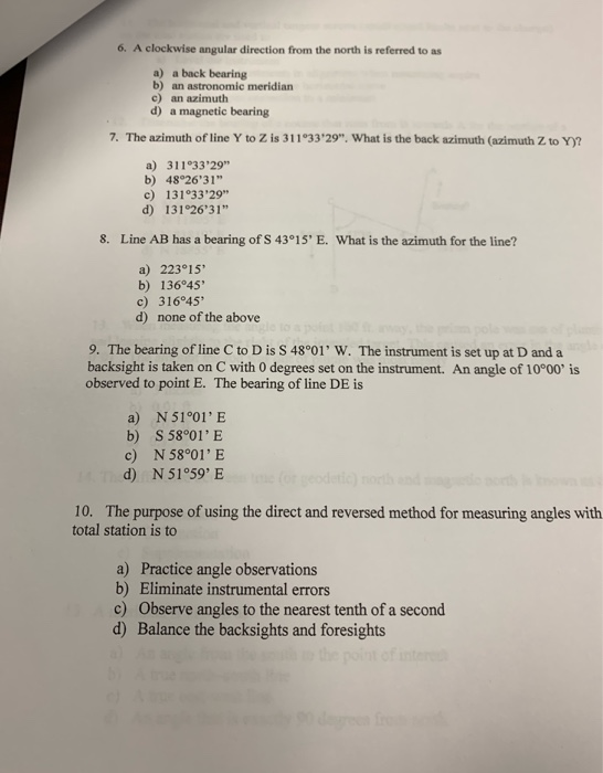 Solved 6. A clockwise angular direction from the north is | Chegg.com