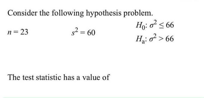 Solved Consider the following hypothesis problem. n=23 s2=60 | Chegg.com