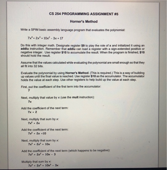 CS 254 PROGRAMMING ASSIGNMENT #5 Horner's Method | Chegg.com