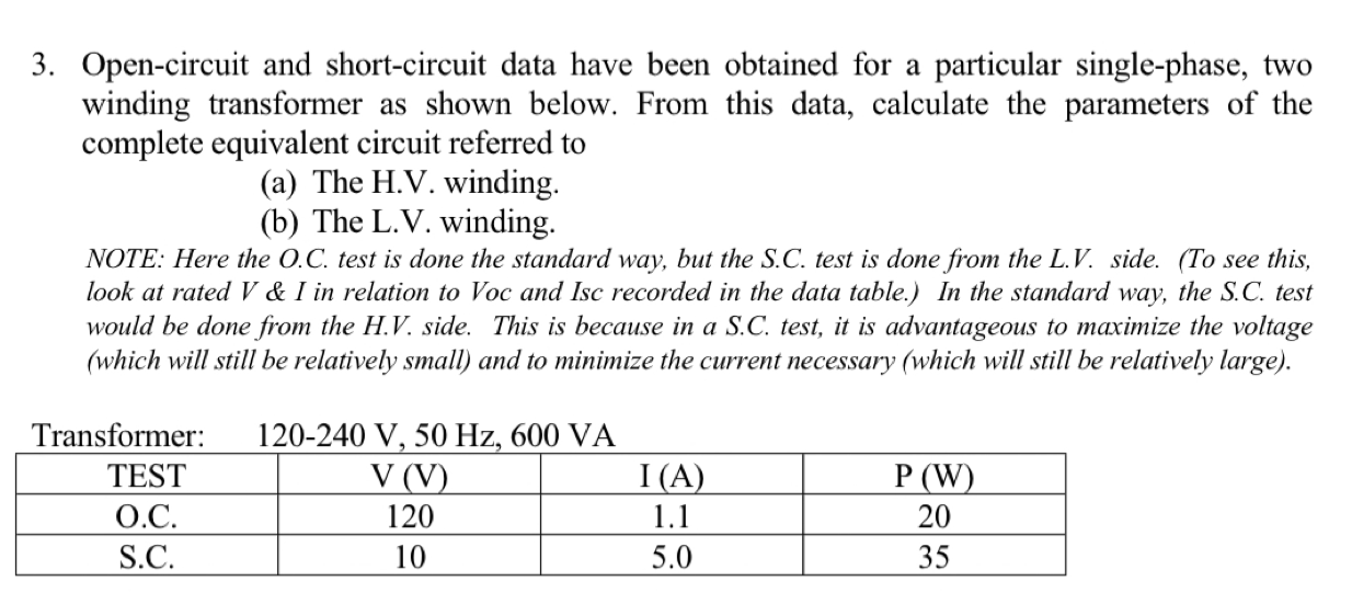 Solved 3. Open-circuit and short-circuit data have been | Chegg.com