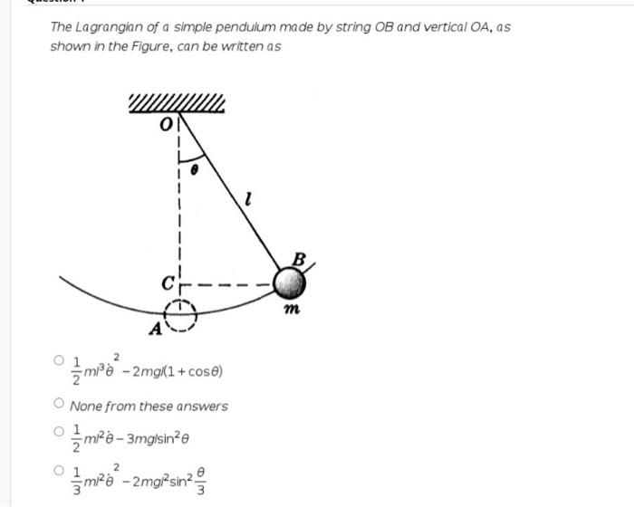 Solved The Lagrangian of a simple pendulum made by string OB | Chegg.com